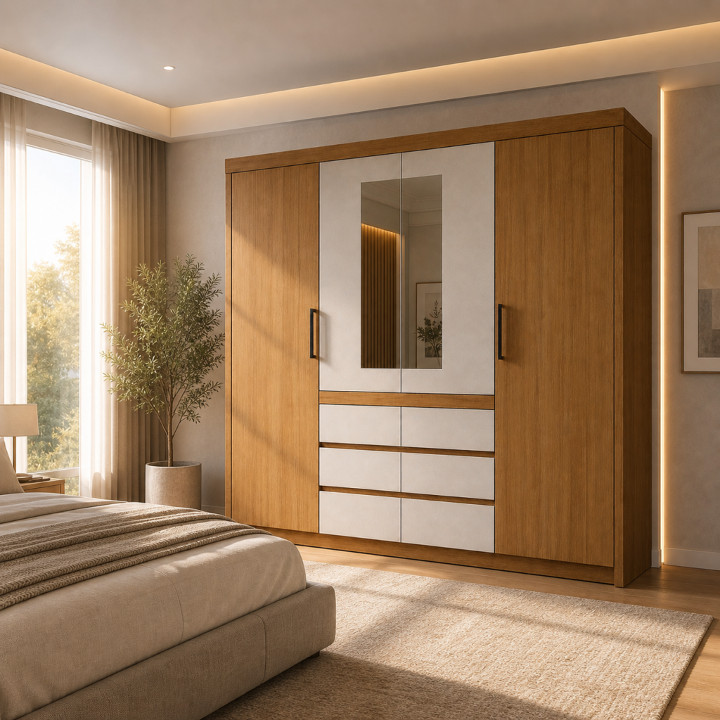 Guarda Roupa Imperio 4 Portas 6 Gavetas Com Espelho – Cinamomo Off – Br ...
